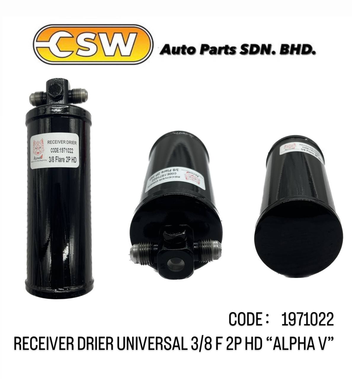 RECEIVER DRIER UNIVERSAL 3/8 F 2P HD 'AlphaV - CSW Auto Parts