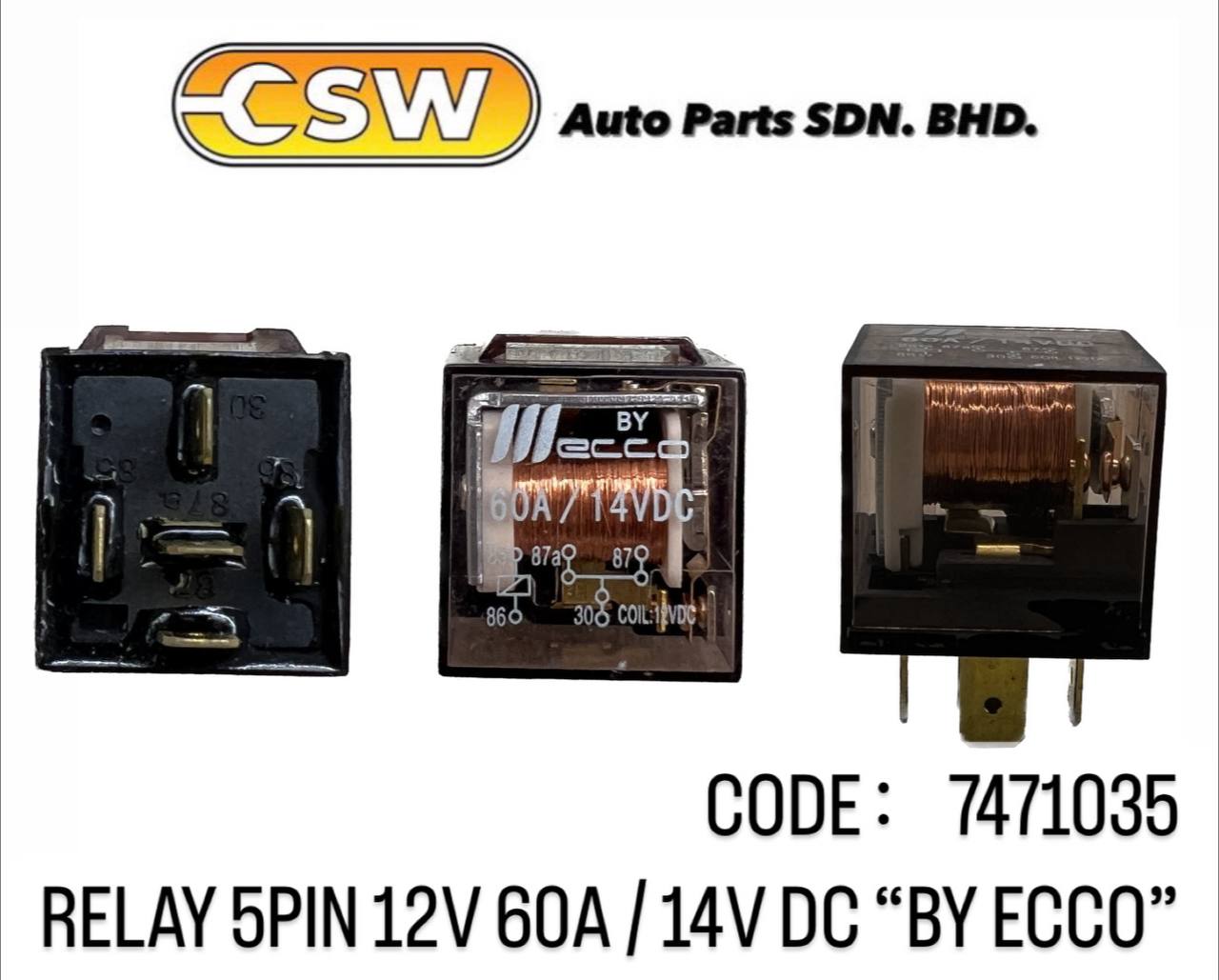 RELAY 5PIN 12V 60A/14VDC 'BY ECCO - CSW Auto Parts