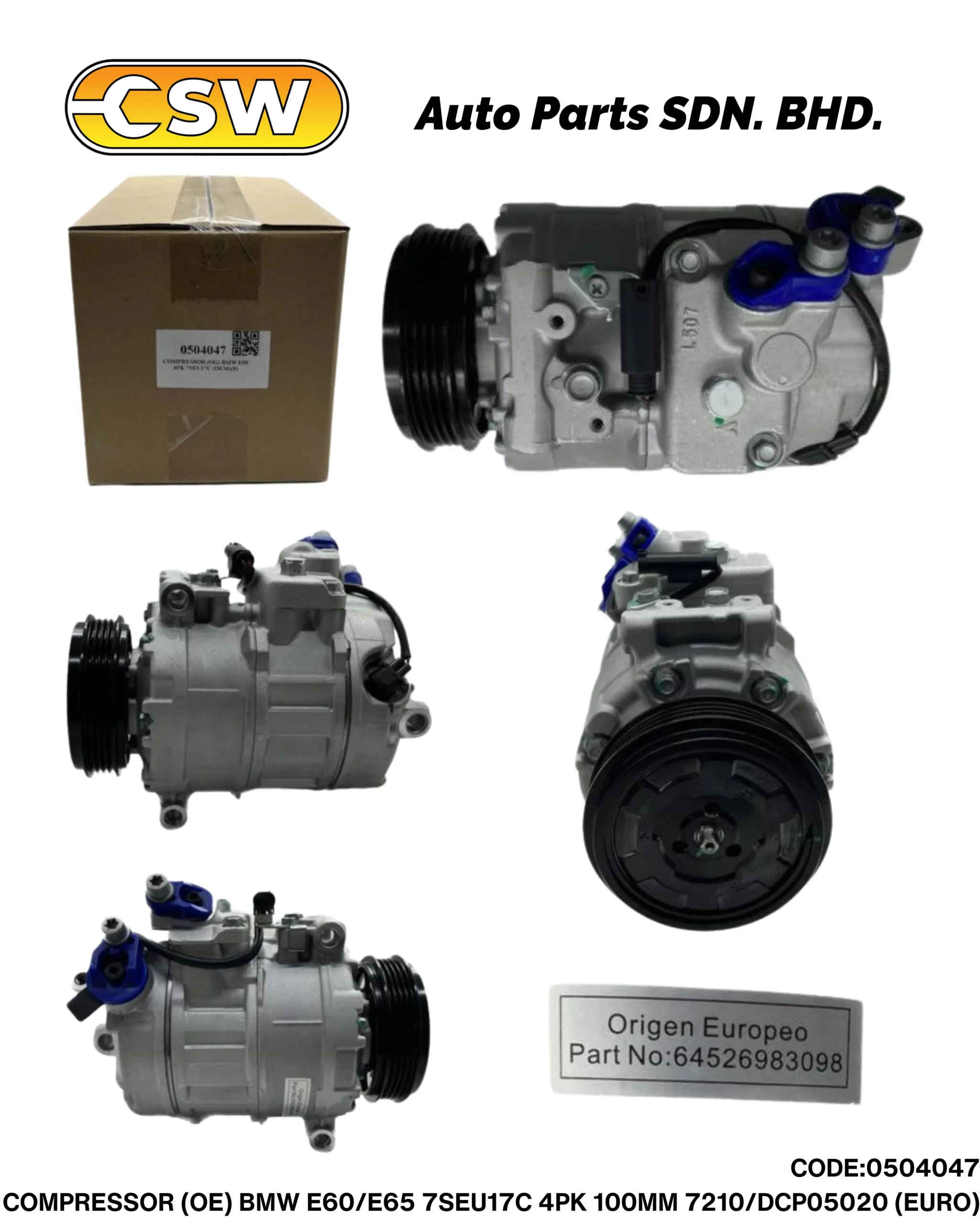 COMPRESSOR (OE) BMW E60/E65 7SEU17C 4PK 100MM 7210/DCP05020 (EURO ...