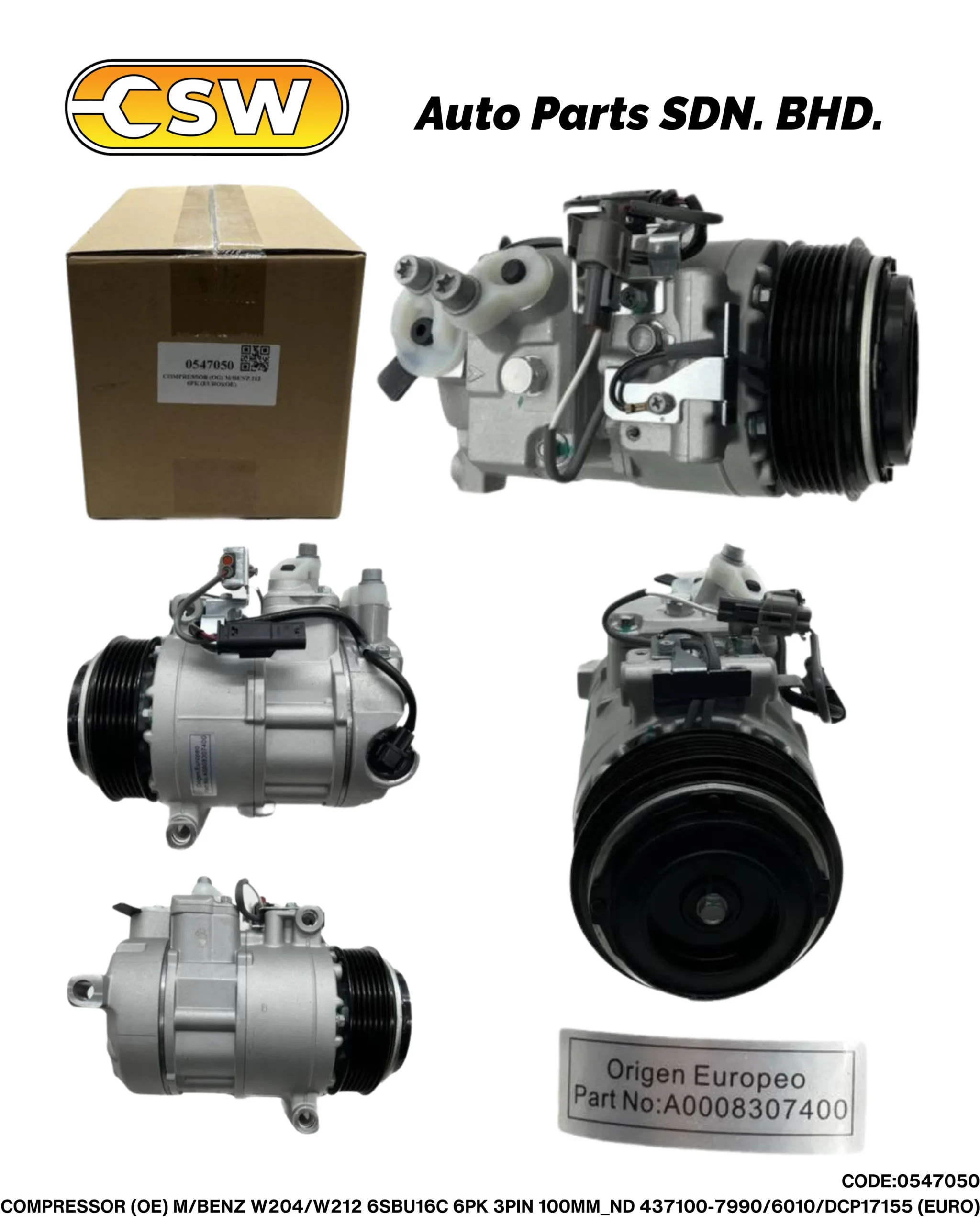 COMPRESSOR (OE) M/BENZ W204/W212 6SBU16C 6PK 3PIN 100MM_ND 437100-7990 ...
