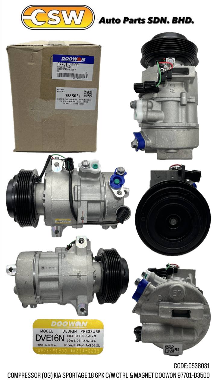 COMPRESSOR (OG) KIA SPORTAGE 18' 6PK C/W CTRL & MAGNET DOOWON 97701 ...