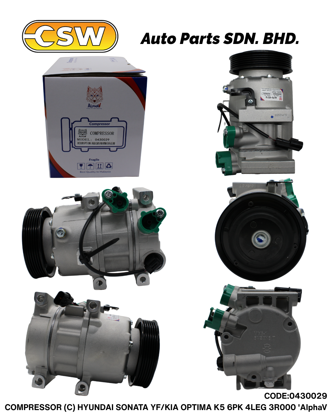 COMPRESSOR (C) HYUNDAI SONATA YF/KIA OPTIMA K5 6PK 4LEG 3R000 'AlphaV ...